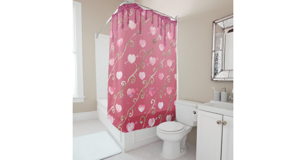 Hot Pink Hearts Dripping Glitter Girly Romantic Shower Curtain | Zazzle