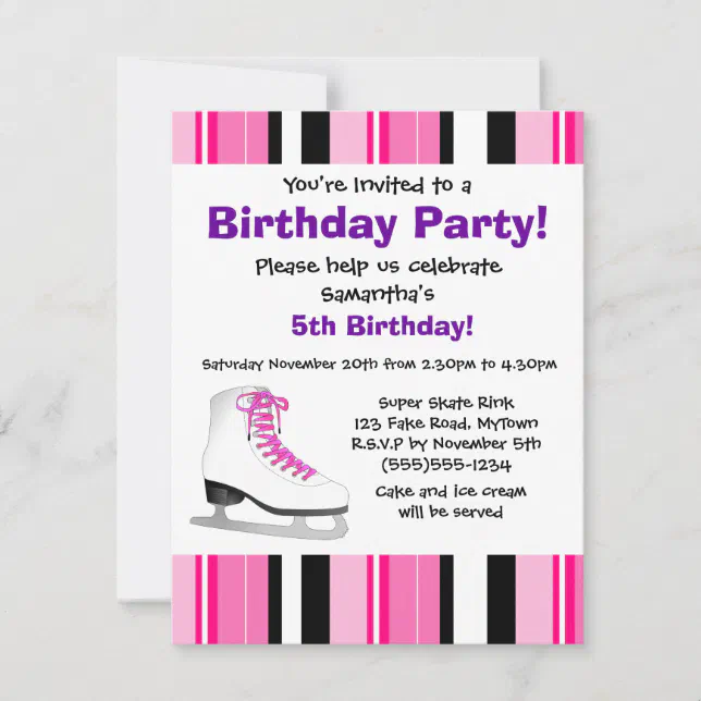 Hot Pink Ice Skating Birthday Party - Pink Stripe Invitation | Zazzle