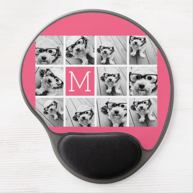 Hot Pink Instagram Photo Collage Custom Monogram Gel Mouse Pad | Zazzle