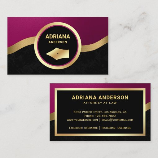 Hot Pink Lawyer Attorney Gold Pen Nib Notary Business Card | Zazzle