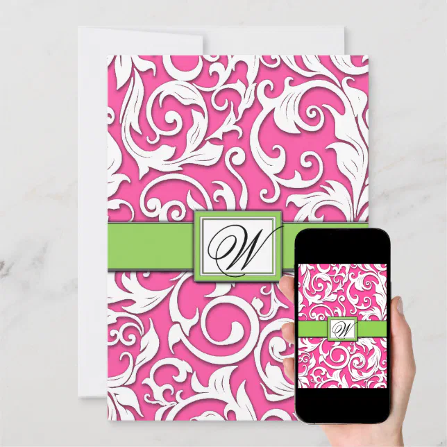Hot Pink & Lime Green Damask Wedding Invitations | Zazzle