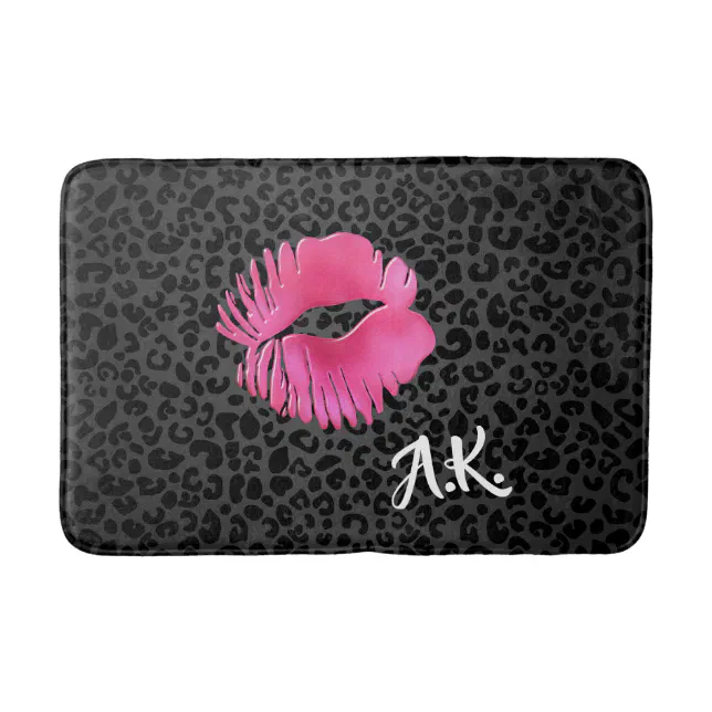 Hot Pink Lipgloss Kiss Black Leopard With Monogram Bath Mat | Zazzle