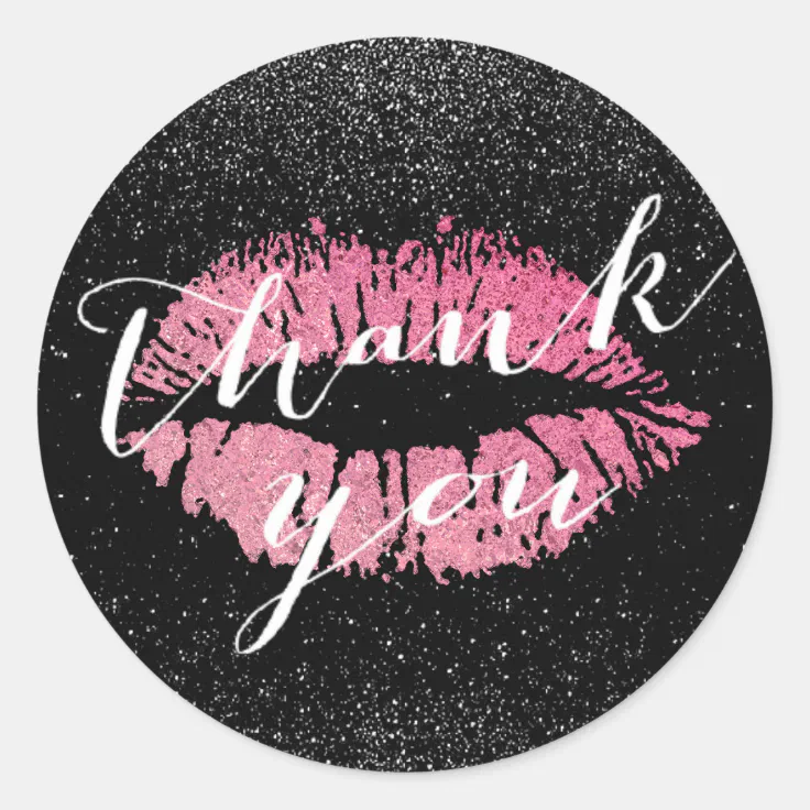 Hot Pink Lips Kiss Black Glitter Thank You Classic Round Sticker | Zazzle