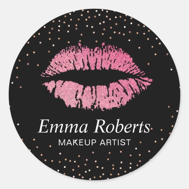Hot Pink Lips Rose Gold Confetti Makeup Artist Classic Round Sticker ...