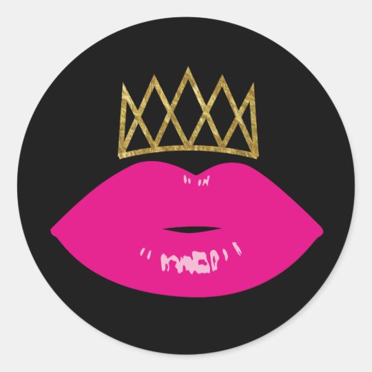 Hot Pink Lips Royal Gold Crown Modern Black Classic Round Sticker ...
