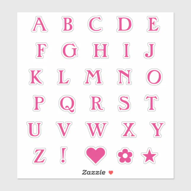 Hot Pink Monogram Text Letters Alphabet Heart Star Sticker | Zazzle