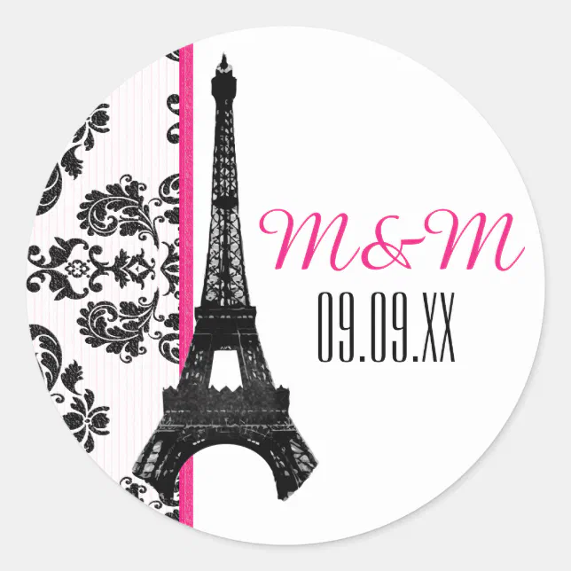 Hot Pink Monogrammed Damask Eiffel Tower Wedding Classic Round Sticker ...