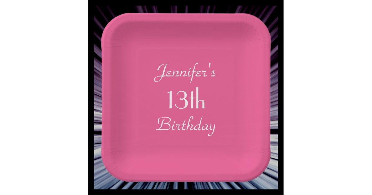 Hot Pink, Name Square round 13th Birthday Party Paper Plates | Zazzle