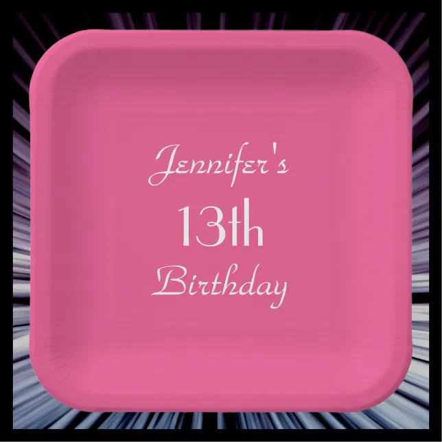 Hot Pink, Name Square round 13th Birthday Party Paper Plates | Zazzle