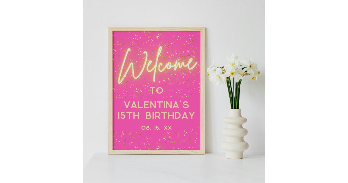 Hot Pink Neon Glow Gold Glitter Party Welcome Poster | Zazzle