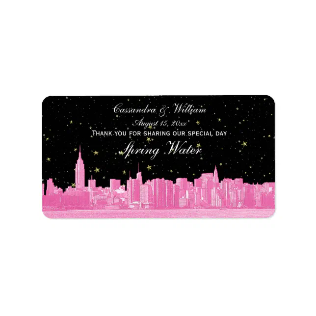 Hot Pink NYC Wide Starry Skyline Etch Water Bottle Label | Zazzle