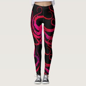 Hot Pink Octopus Tentacles On Black - Leggings | Zazzle