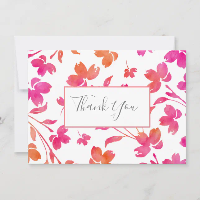 Hot Pink & Orange Watercolor Flower Stems Thank You Card | Zazzle