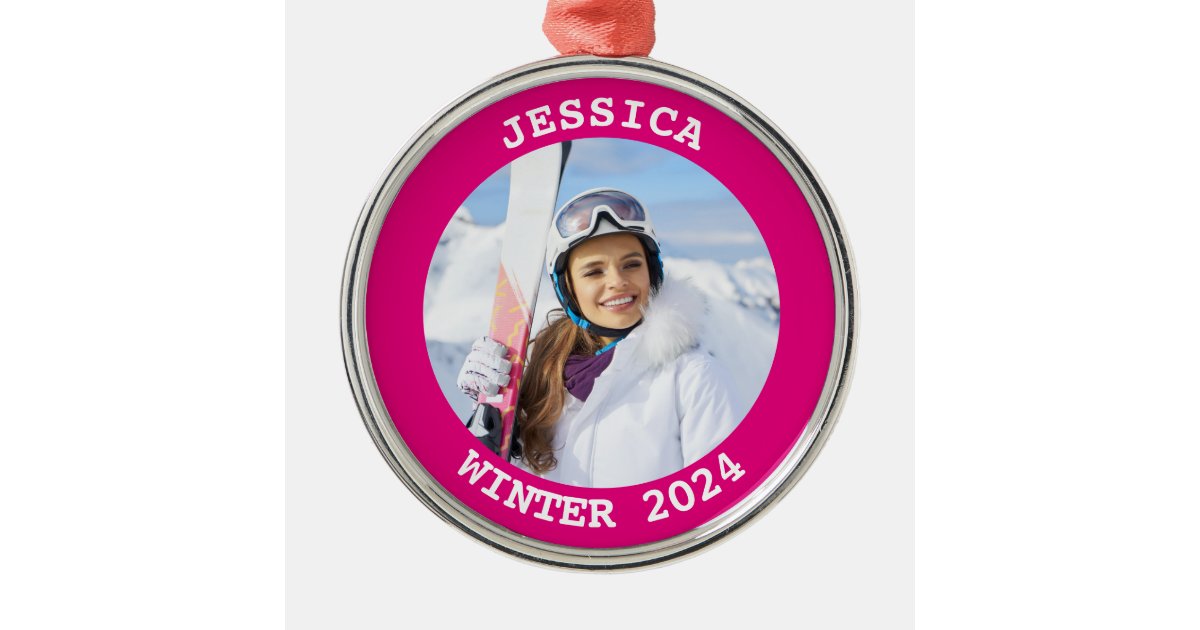 Hot Pink Personalized Round Family Photo Metal Ornament | Zazzle