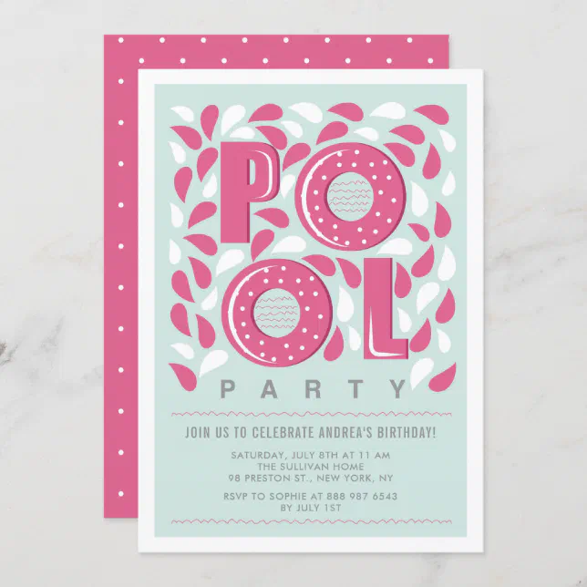Hot Pink Pool Party Splash Birthday Invitation | Zazzle