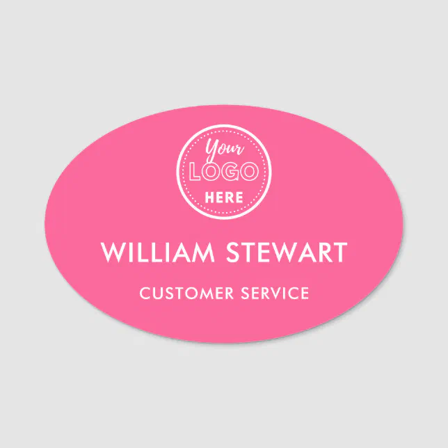 Hot Pink Professional Logo Oval Employee Staff Name Tag | Zazzle