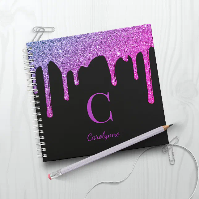 Hot Pink Purple Sparkle Glitter Drips Monogram Notebook | Zazzle
