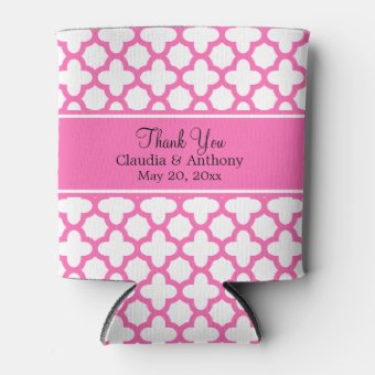 Hot Pink Quatrefoil Pattern Wedding Thank You Can Cooler | Zazzle