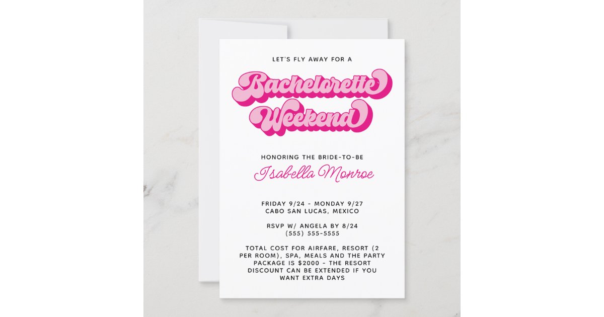 Hot Pink Retro Font Long Bachelorette Weekend Invitation | Zazzle