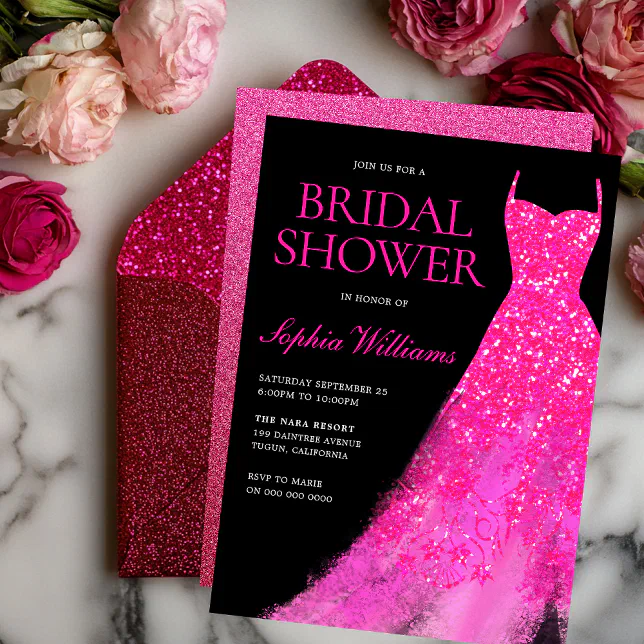 Hot Pink Shimmer Dress Bridal Shower Invitation | Zazzle