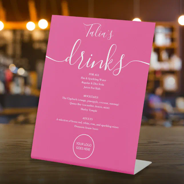 Hot Pink Signature Script Wedding Logo Drinks Menu Pedestal Sign | Zazzle