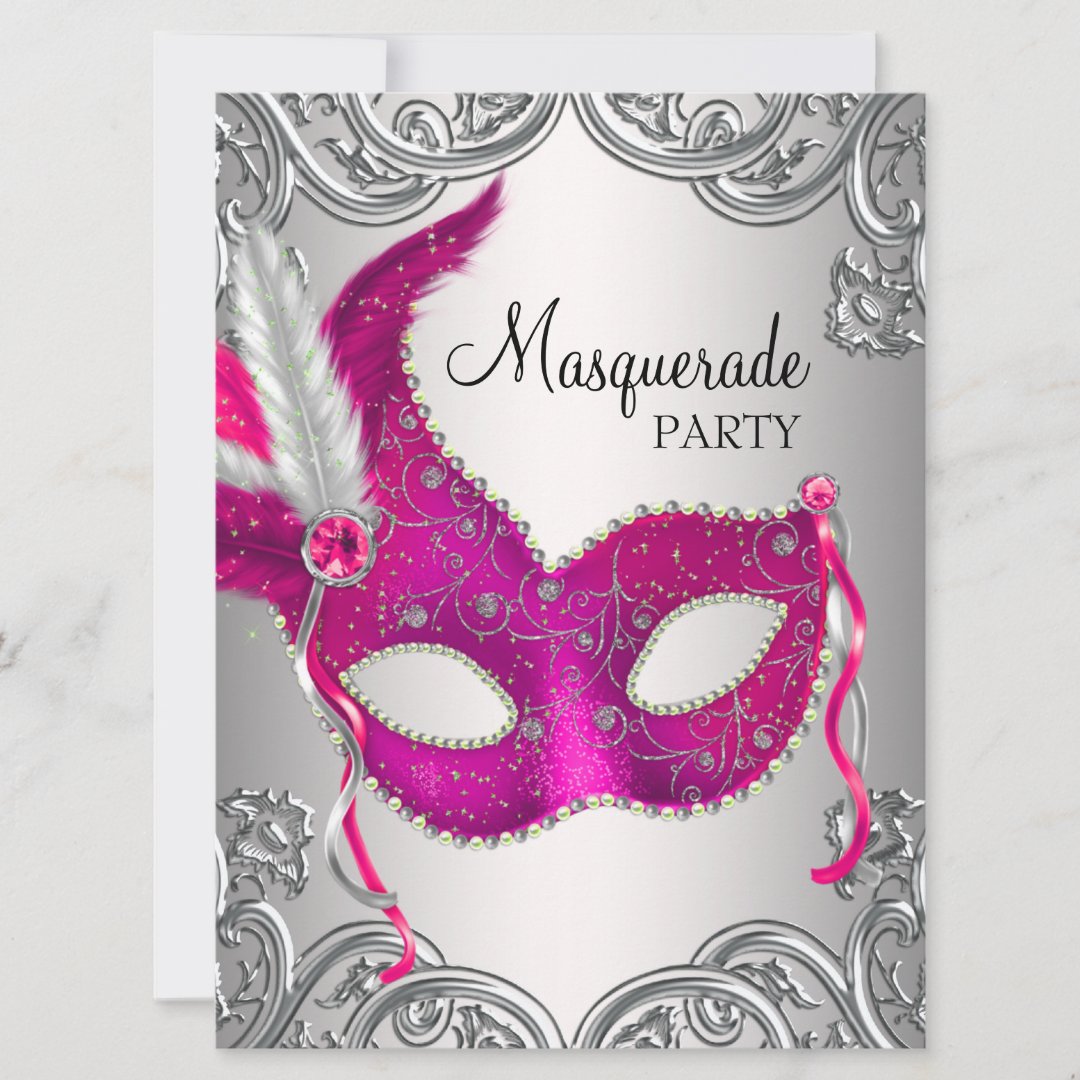 Hot Pink Silver Mask Masquerade Ball Party Invitation | Zazzle