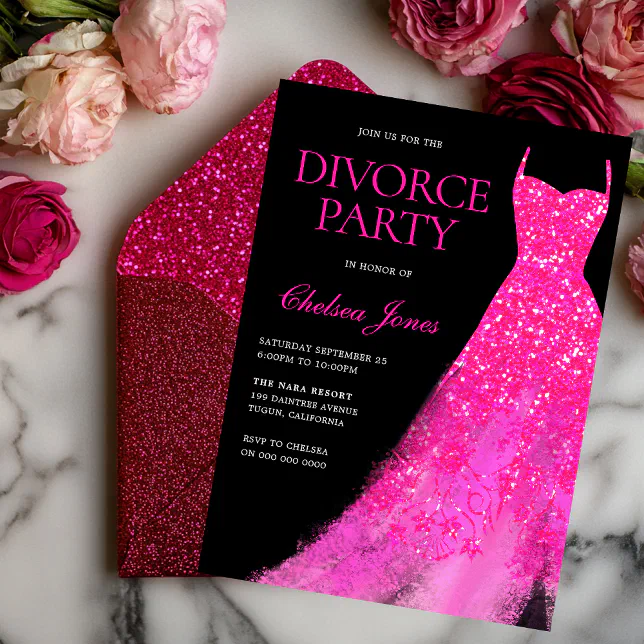 Hot Pink Sparkle Dress Divorce Party Invitation | Zazzle
