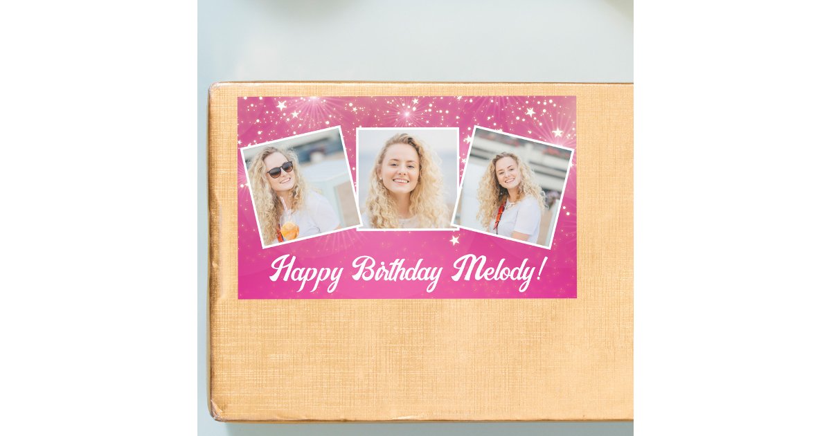 Hot Pink Sparkle Photo Collage Girls Birthday Rectangular Sticker | Zazzle
