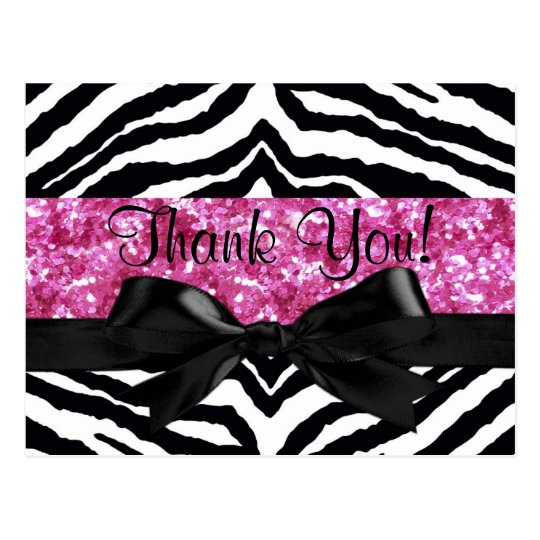 Hot Pink Sparkle Zebra Girly Girl Thank You Note Postcard | Zazzle.com