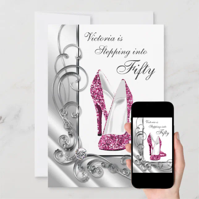 Hot Pink Stepping Into 50 Birthday Party Invitation | Zazzle