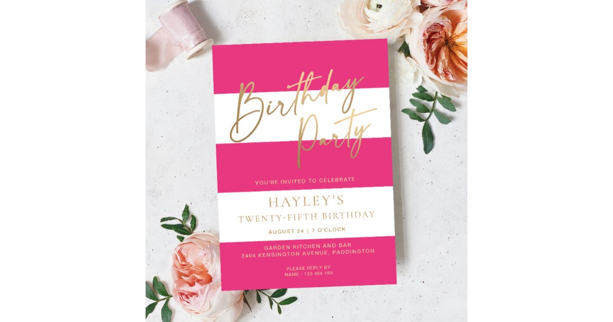 Hot Pink Stripe Birthday Foil Invitation | Zazzle