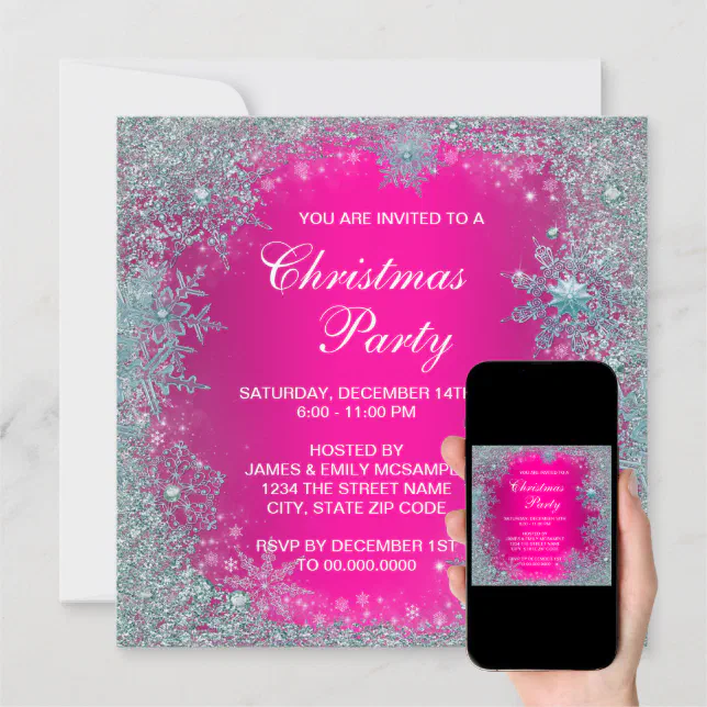 Hot Pink Teal Blue Snowflake Christmas Party Invitation | Zazzle