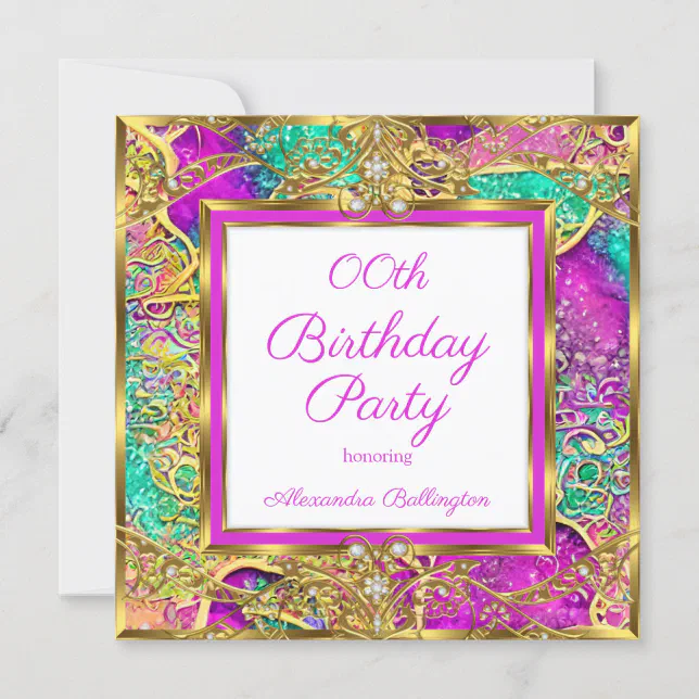 Hot pink teal purple Elite Gold Birthday Party Invitation | Zazzle