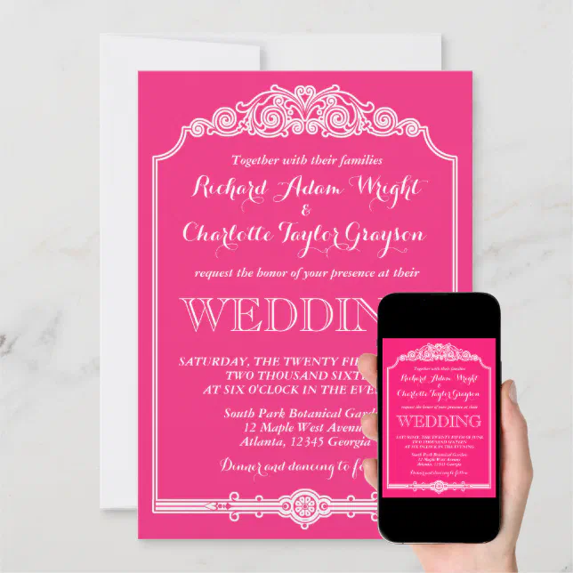 Hot Pink Vintage and Classic Wedding Invitation | Zazzle