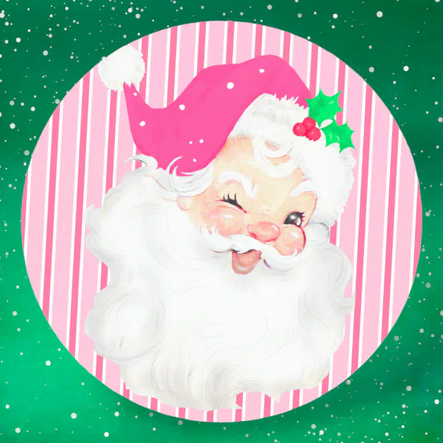 Hot Pink Vintage Winking Santa Claus Christmas Classic Round Sticker ...