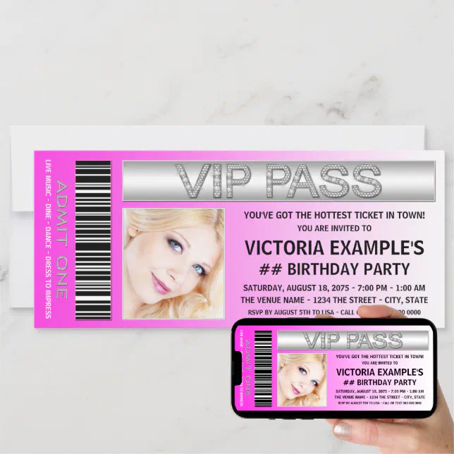 Hot Pink VIP Pass Admission Ticket Birthday Party Invitation | Zazzle