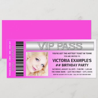 Hot Pink VIP Pass Admission Ticket Birthday Party Invitation | Zazzle