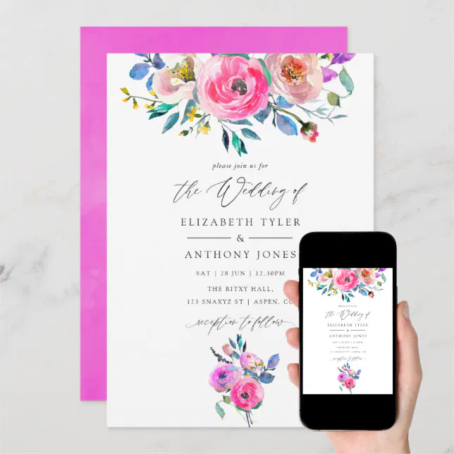 Hot-Pink Watercolor Floral Wedding Invitation | Zazzle