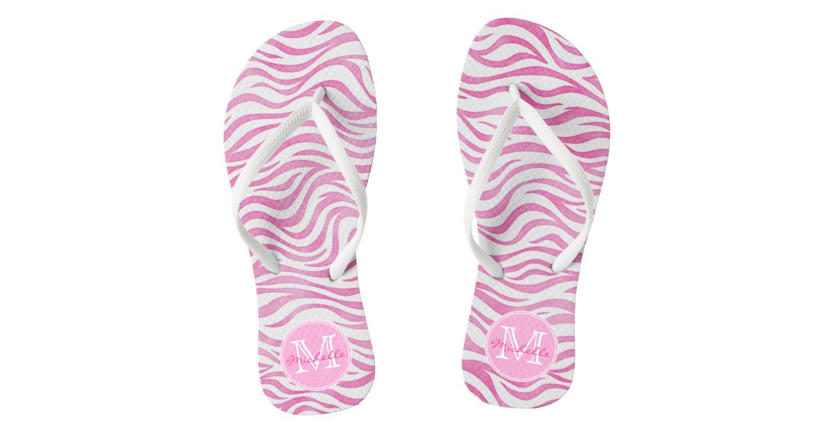 Hot Pink Watercolor Zebra Print | Personalized Flip Flops | Zazzle