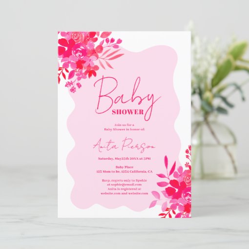 Hot pink wavy frame red pink floral baby shower invitation | Zazzle