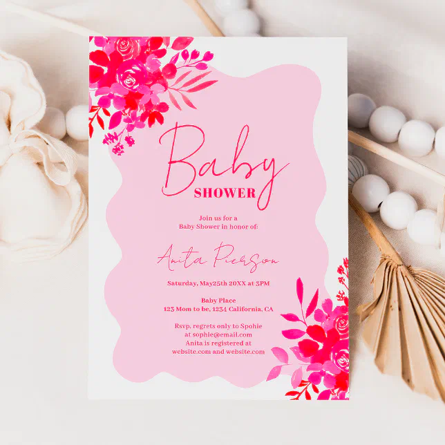 Hot pink wavy frame red pink floral baby shower invitation | Zazzle