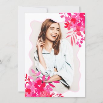 Hot pink wavy frame red pink floral graduation invitation | Zazzle