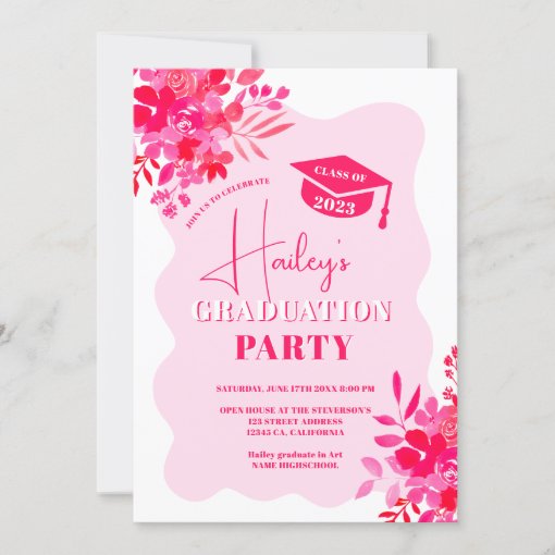 Hot pink wavy frame red pink floral graduation invitation | Zazzle