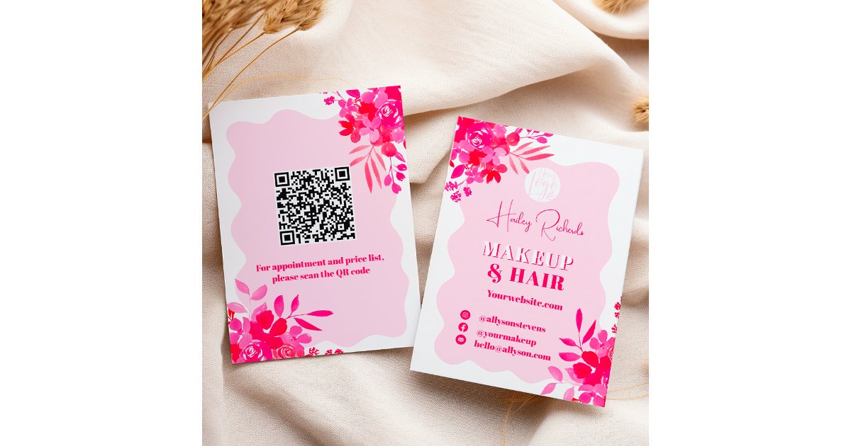 Hot pink wavy frame red pink floral makeup business card | Zazzle