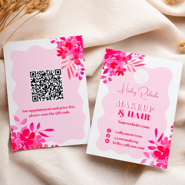 Hot pink wavy frame red pink floral makeup business card | Zazzle