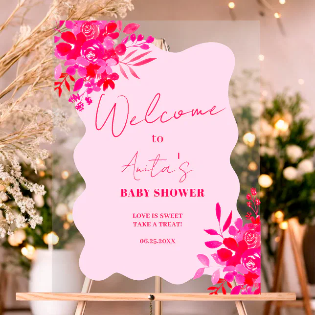 Hot pink wavy red pink floral baby shower welcome acrylic sign | Zazzle