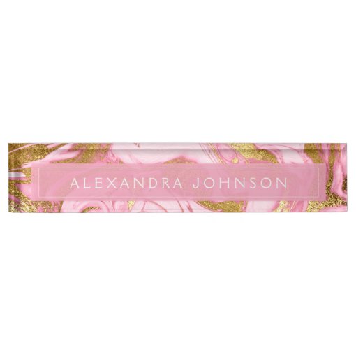 Hot Pink, White and Gold Foil Modern Marble Desk Name Plate | Zazzle