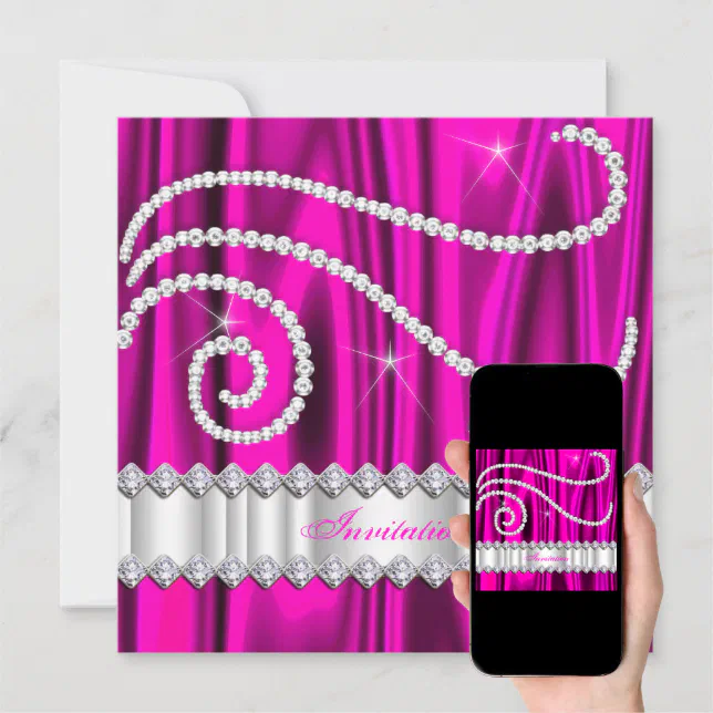 Hot Pink White Diamonds Silver Birthday Party Invitation | Zazzle