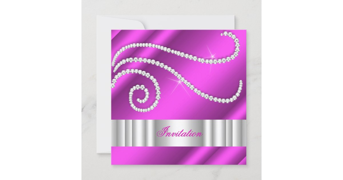 Hot Pink White Jewel diamonds Silver Birthday Invitation | Zazzle