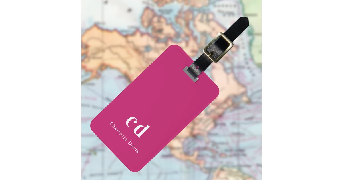 Hot pink white monogram initials luggage tag | Zazzle
